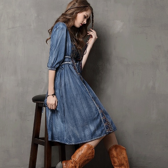 Dresses | Embroidered Button Down Denim Dress | Poshmark